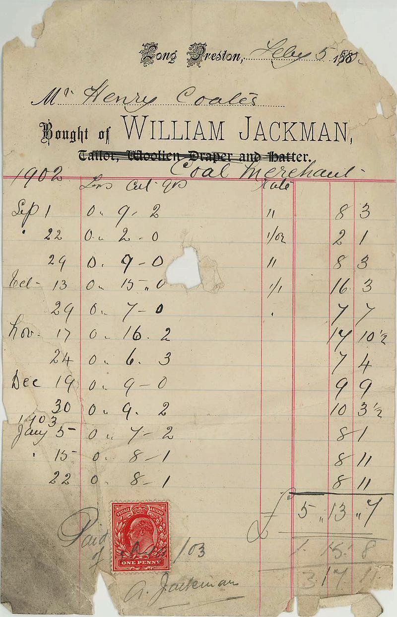 Exit/Old Documents relating to Long Preston/Miscellaneous/Bill for coal ...